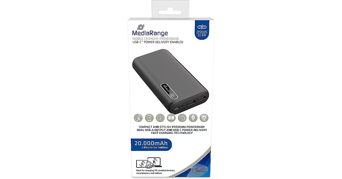 MediaRange Powerbank 20,000 mAh (black, Power Delivery fast charging ...