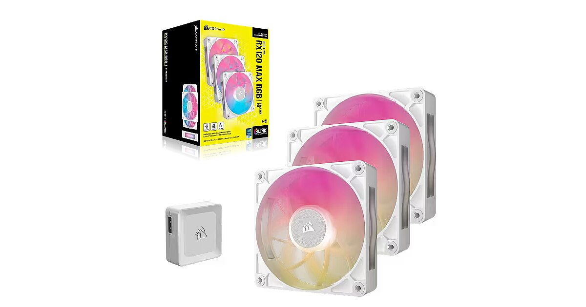 Corsair iCUE LINK RX120 MAX RGB, White, PWM Thick Fans Starter Kit with ...
