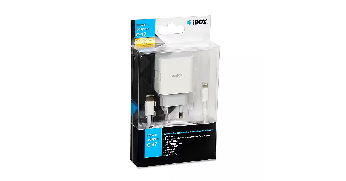 iBOX C-37 USB-C PD20W WALL CHARGER USB-C TO LIGHTNING CABLE (ILUC37W)