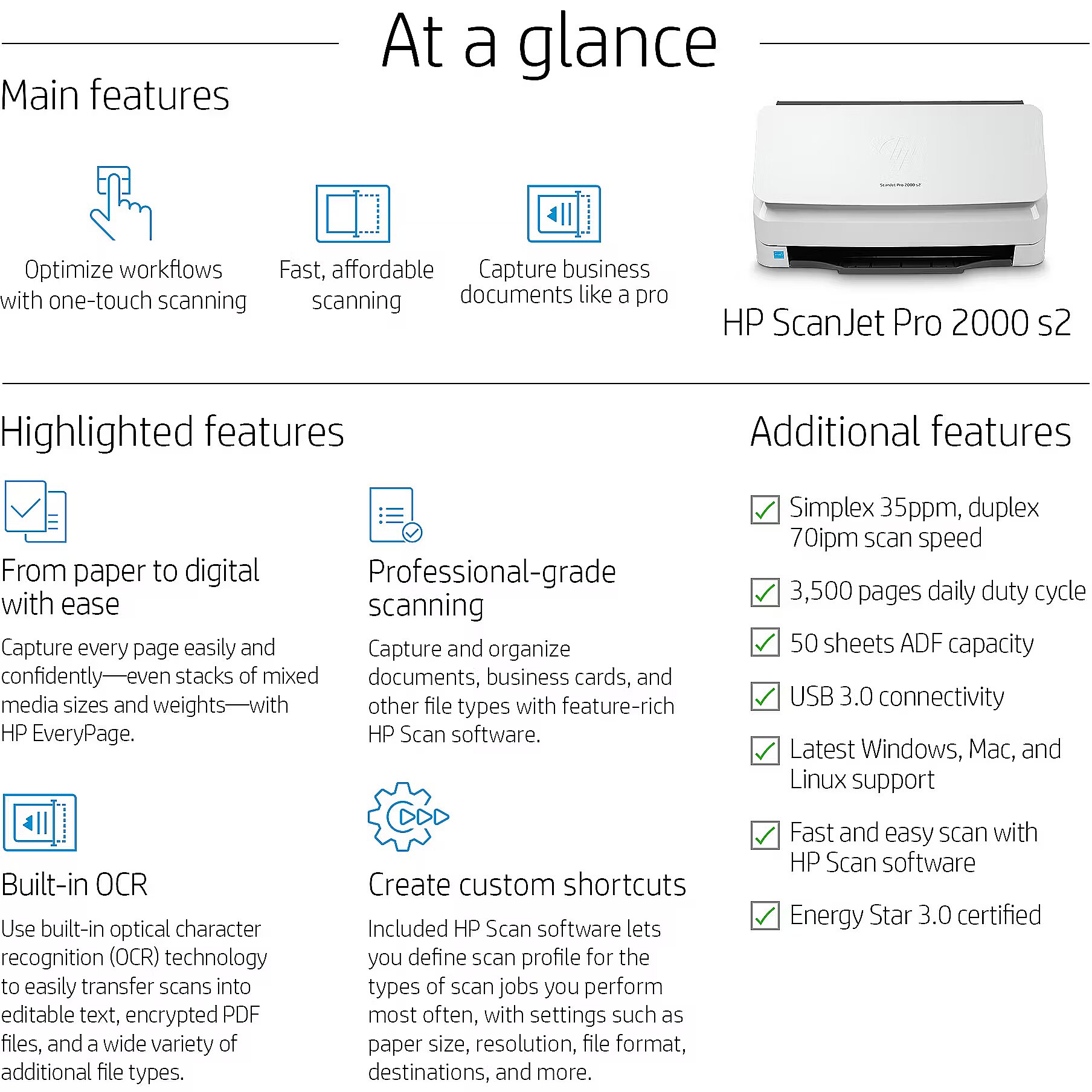 Hewlett Packard ScanJet Pro 2000 s2, sheet-feed scanner (6FW06A)